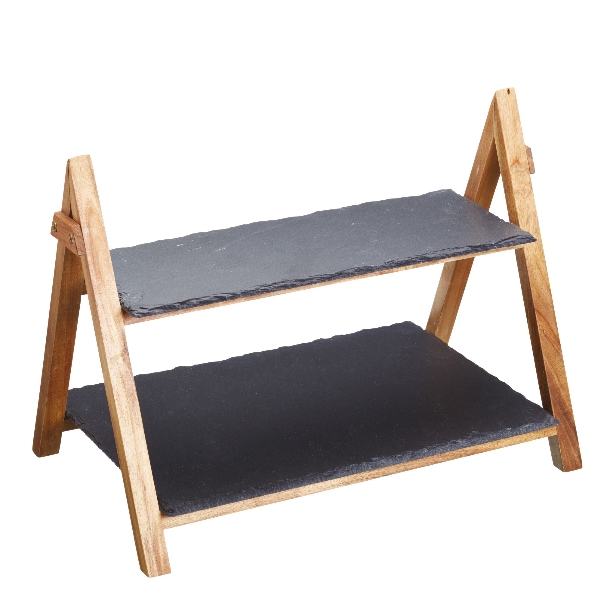 2pc Serveware Set with 2-Tier Slate & Wood Serving Stand and 2-Tier Br ...