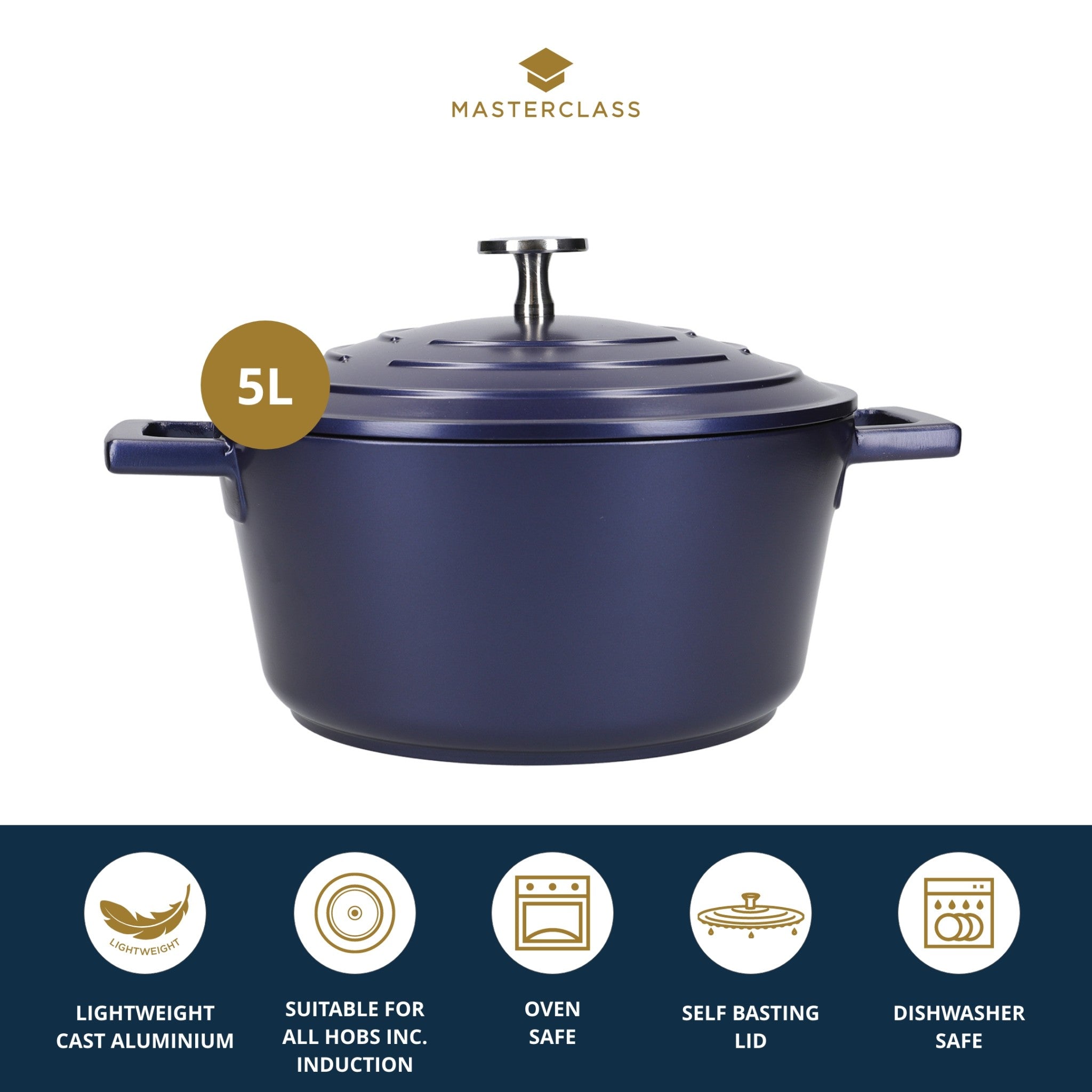 MasterClass Large 5 Litre Casserole Dish with Lid - Metallic Blue ...