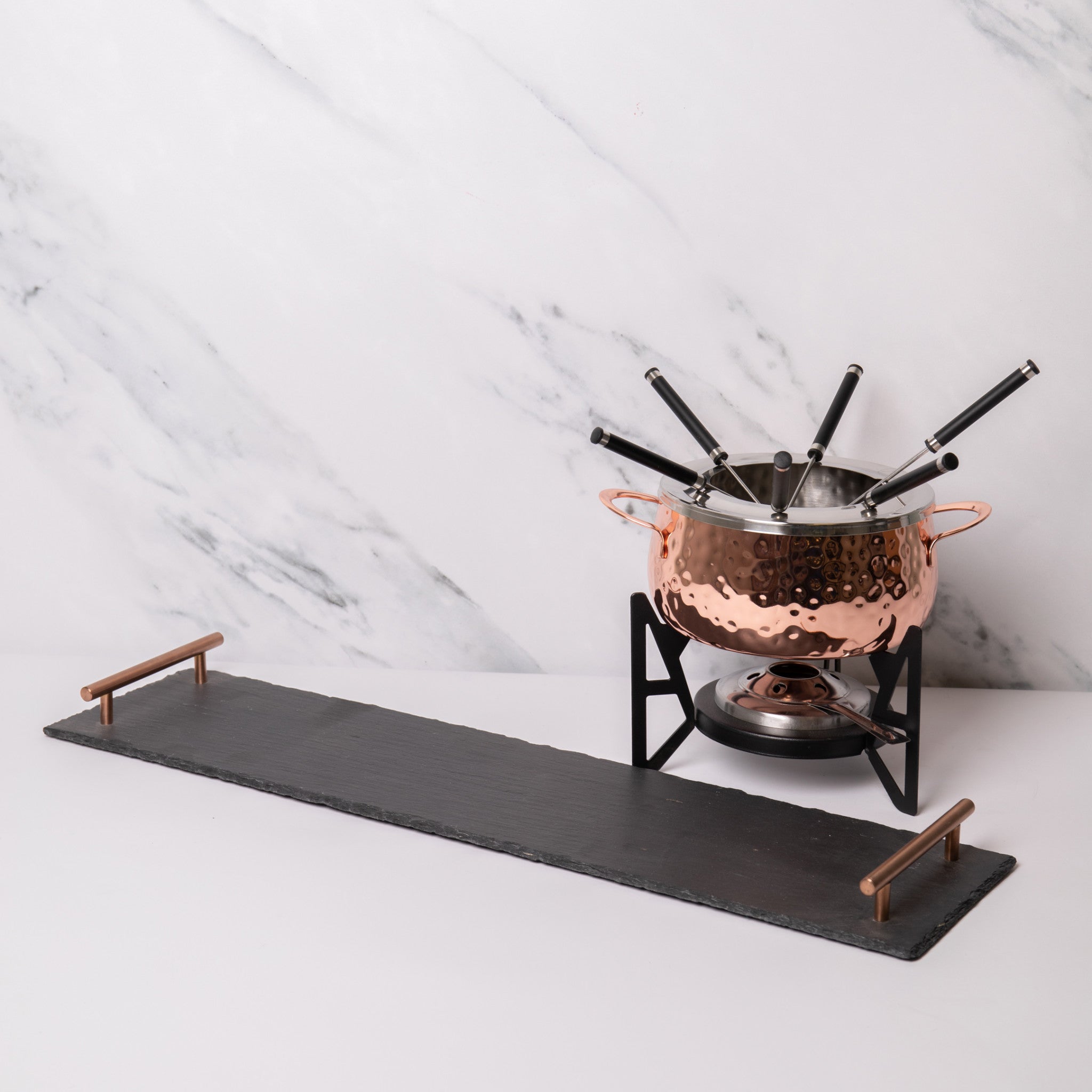 7pc Fondue Set, including Copper Fondue Pot with 5x Forks and Slate Se ...